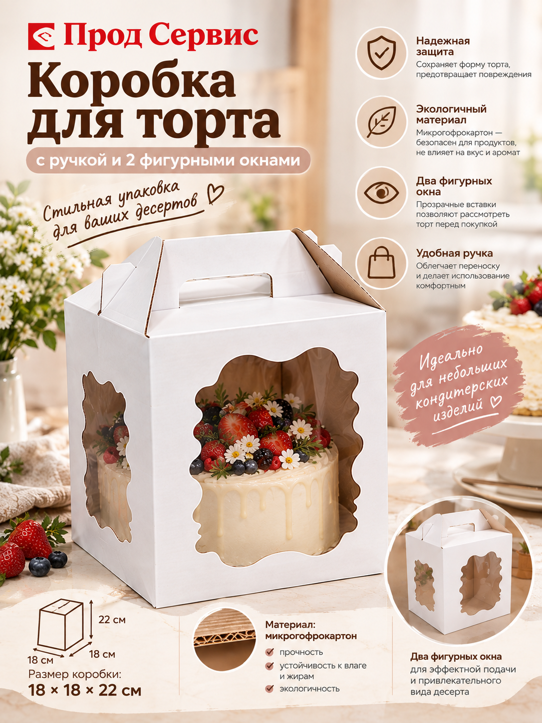 Коробка для торта 18*18*22 см, белая, с ручками и с окном, 10 штук