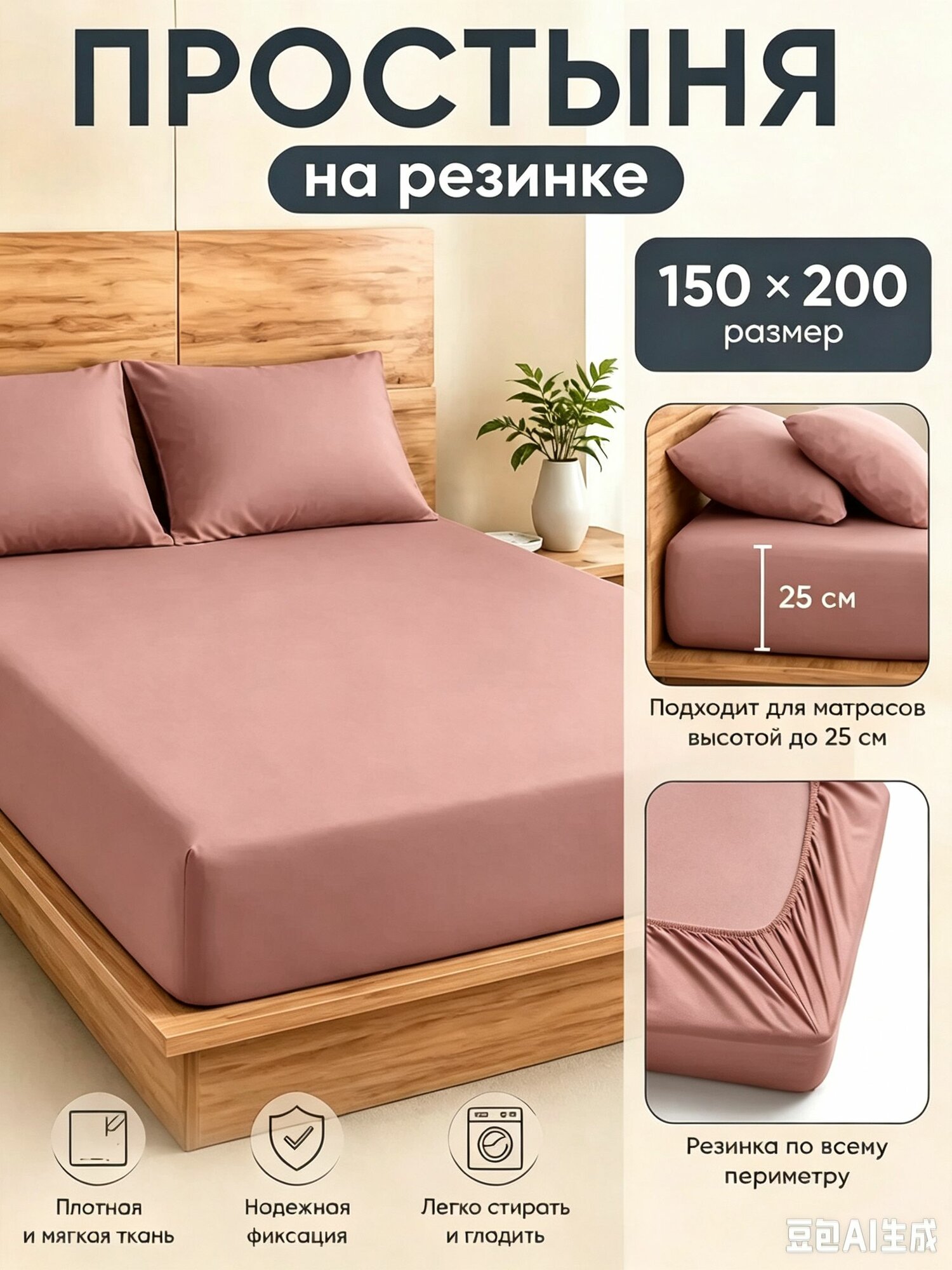 Простыня на резинке 150x200 см трикотаж полиэстер темно-розовый однотонный, Полноценный бортик, Мягкая ткань