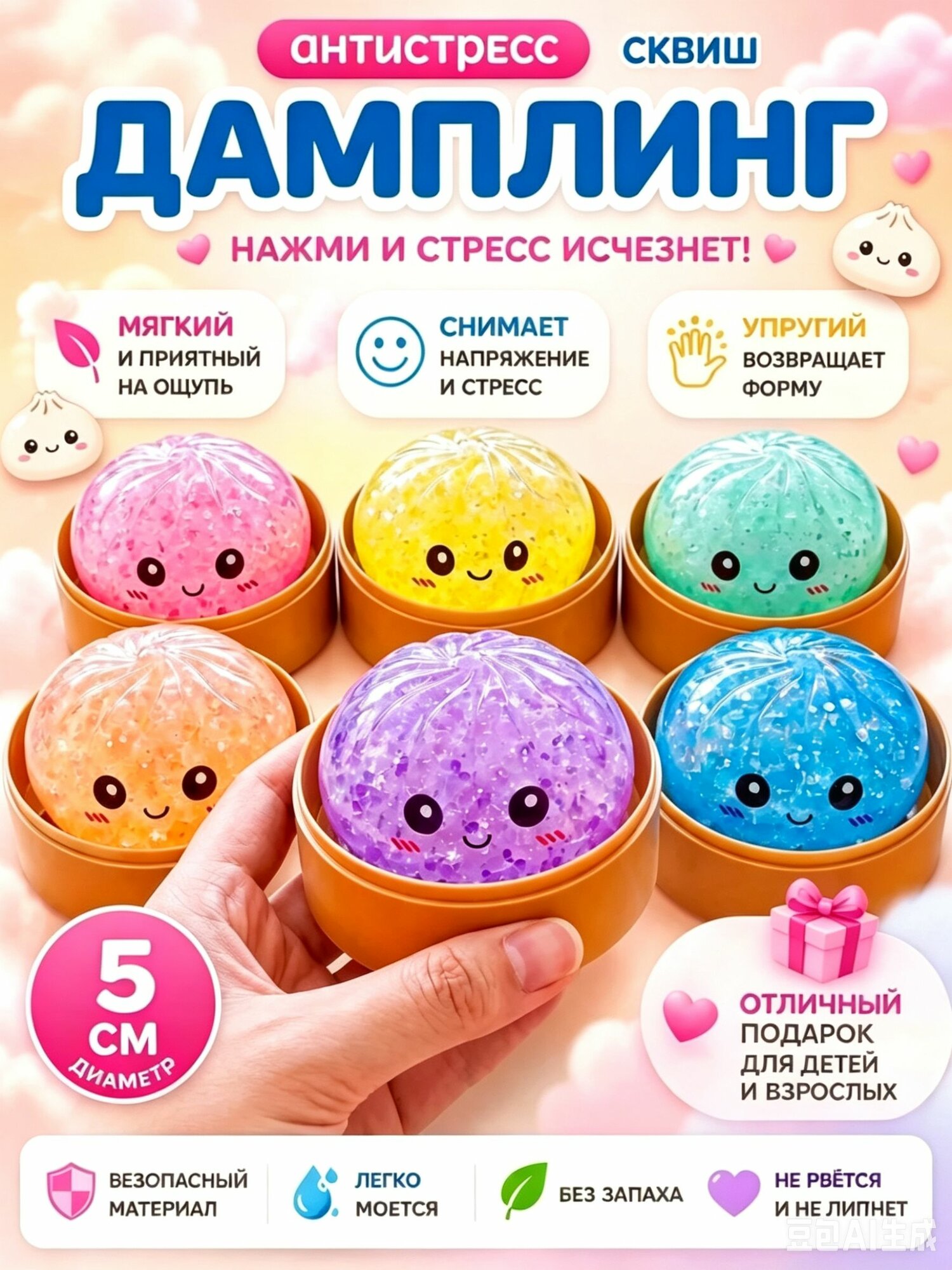 Сквиш пельмень Хинкали, дамплинг антистресс Glitter Dumpling, 5 см, 1 шт
