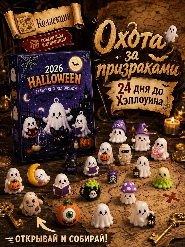 Настольный Адвент-календарь Halloween 24 Вкладыша 2026 - Качественный Подарок с Фигурками Призраков, Тыкв и Черной Кошки, Коллекционные Иконки