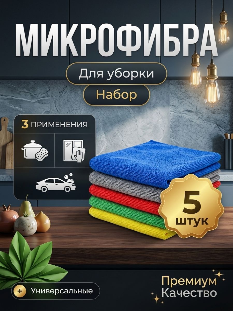 Салфетки для уборки, цветные, 30х30 см, 5 шт.