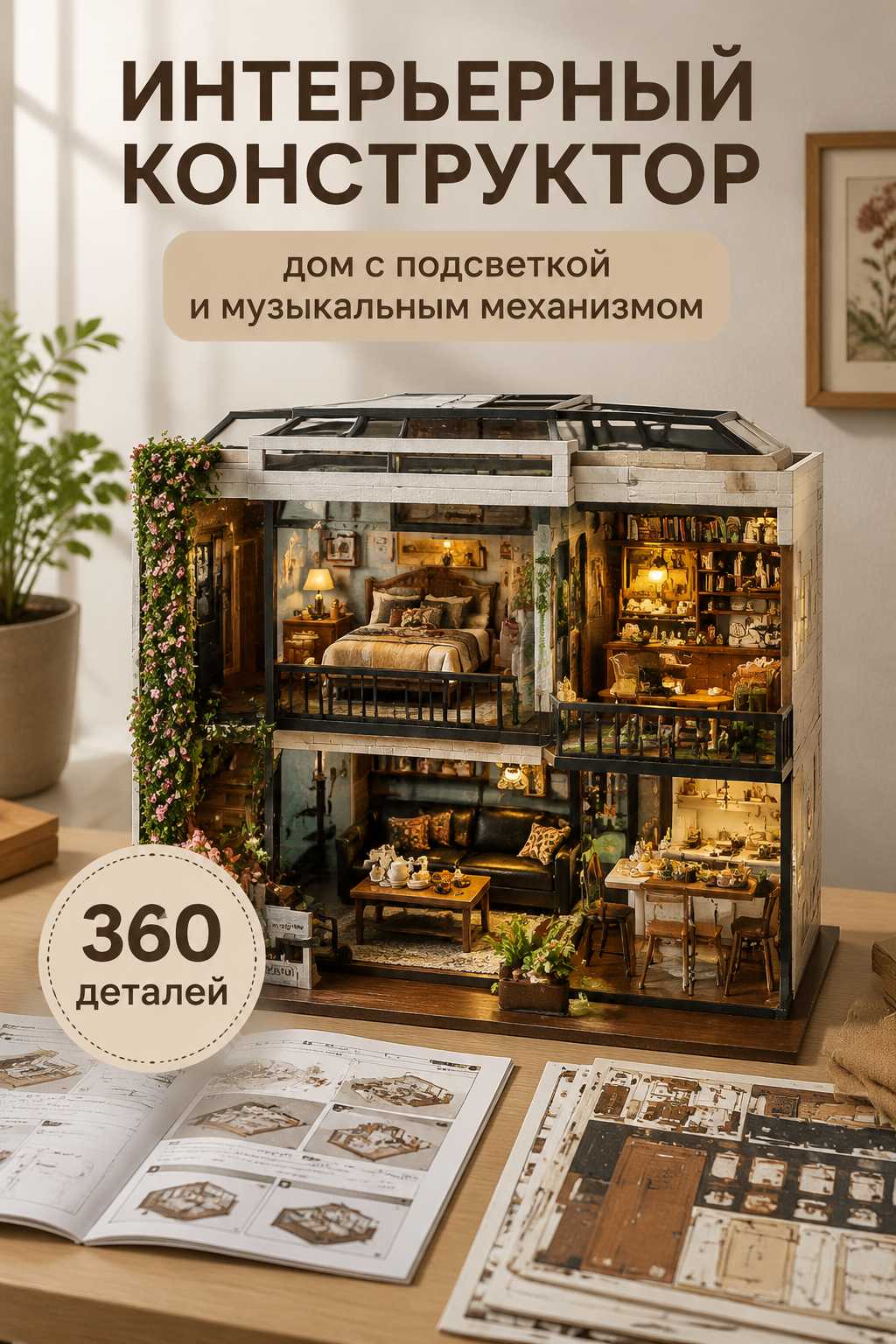 Интерьерный конструктор дом с подсветкой и музыкальным механизмом, 360 деталей, 1/24