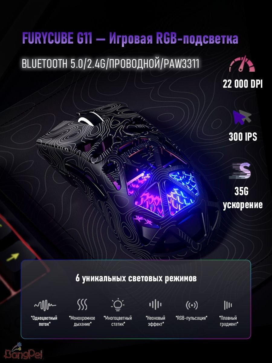Мышь беспроводная G11 с Bluetooth, RGB-подсветкой и сенсором 22000 dpi, черная