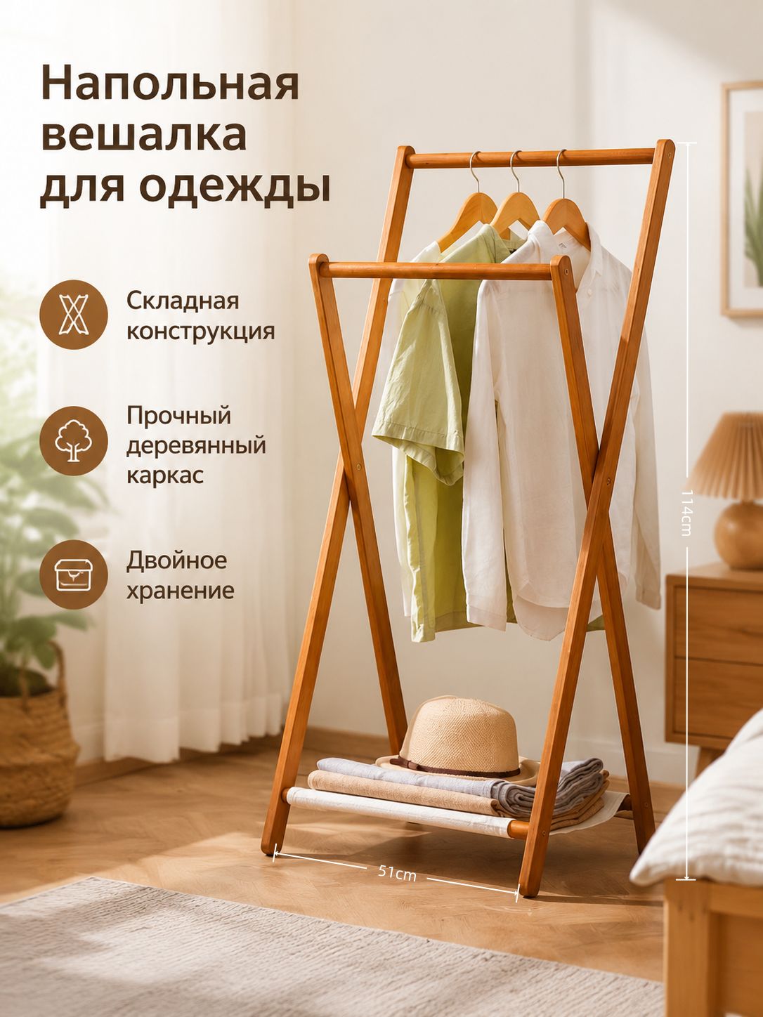 Складная напольная вешалка для одежды, цвет чайный, большая 51 см