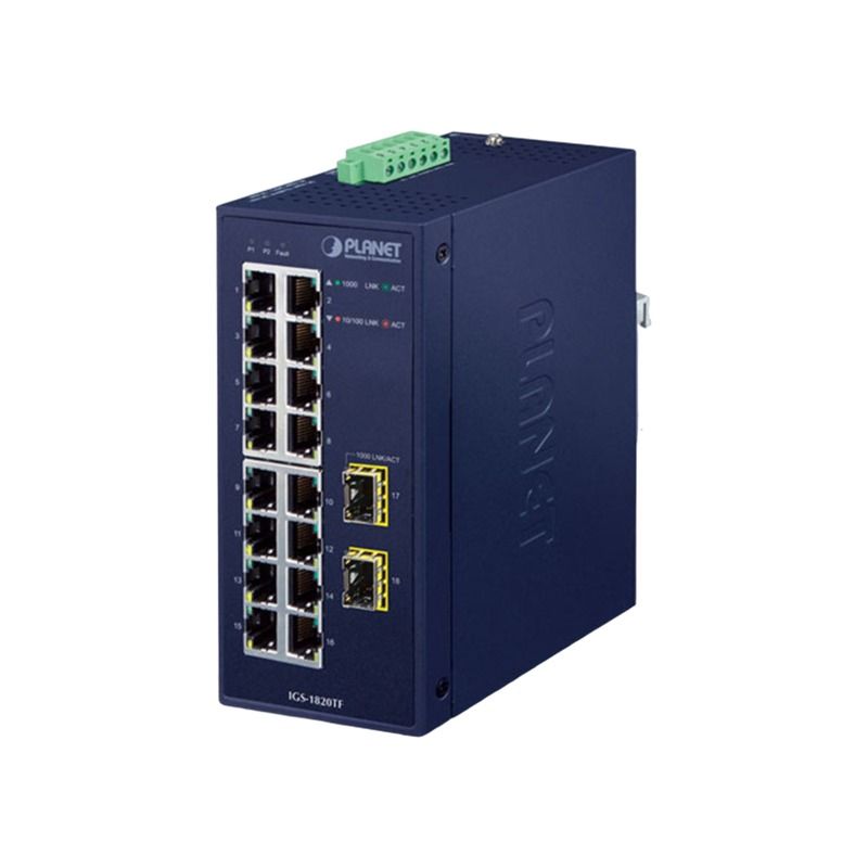 Коммутатор/ PLANET IGS-1820TF IP30 Industrial 16-Port 10/100/1000T + 2-Port 1000X SFP Gigabit Ethernet Switch (-40~75 degrees C, dual 12~48V DC/24V AC)