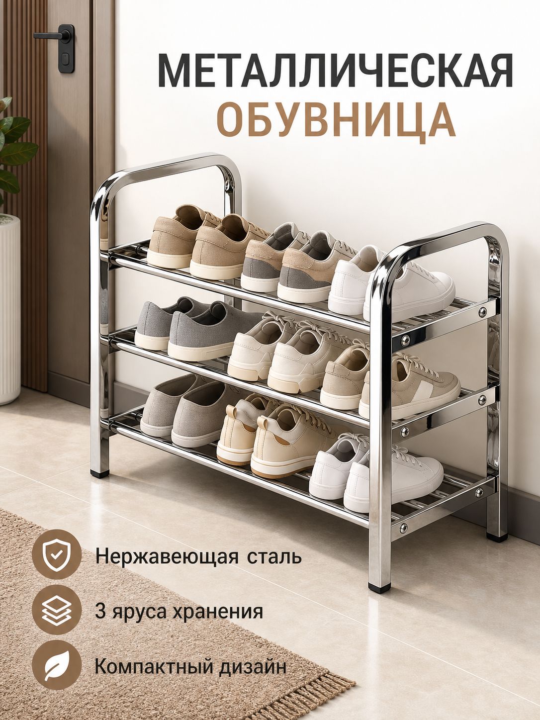 Обувница из нержавеющей стали, 3 полки, складная напольная полка для обуви, серебристая, 40 см