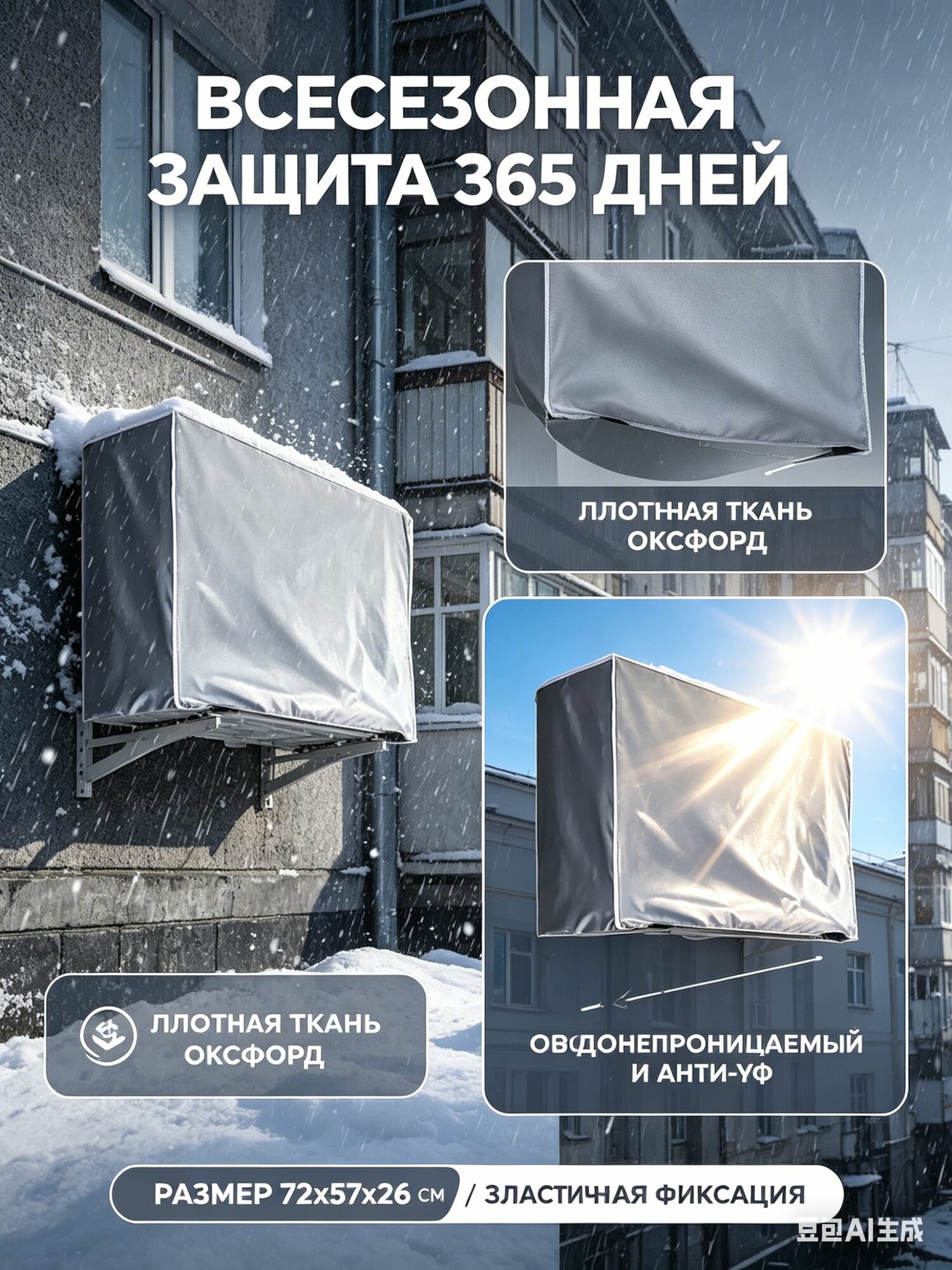 Чехол для кондиционера на внешний блок, 72x57x26 см - защитный водонепроницаемый тент из плотной ткани Оксфорд, всесезонный пылезащитный чехол для наружного блока от снега, дождя и солнца