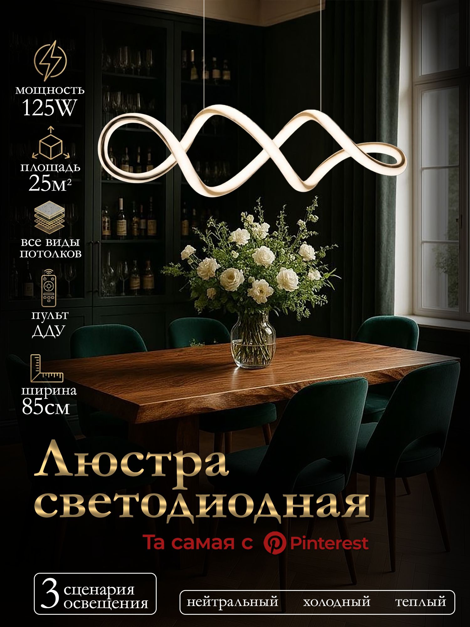Люстра потолочная светодиодная с пультом. Мощность 125 Вт. Площадь 25 м2. Плавная регулировка яркости - 3500-6500К