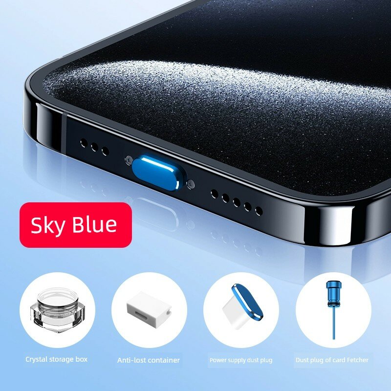 Набор пылезащитных заглушек для Type-C разъема iPhone 16 Pro Max, небесно-голубой цвет, с кейсом и контейнером