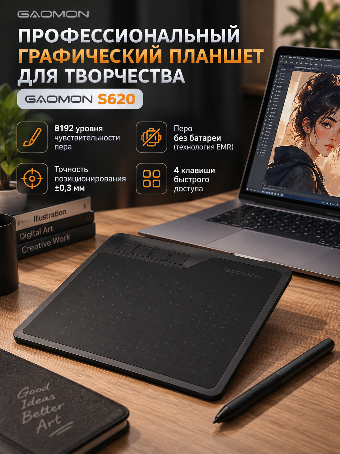 Графический планшет для рисования, работы, учебы и игр GAOMON S620 Black