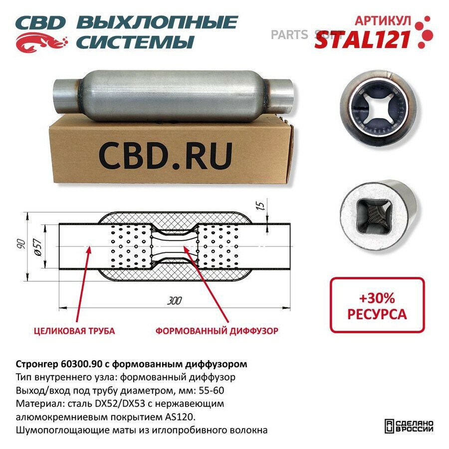 Стронгер пламегаситель перфорированный внутренний узел с диффуз. 300 х 90 х 60 CBD STAL121 | цена за 1 шт