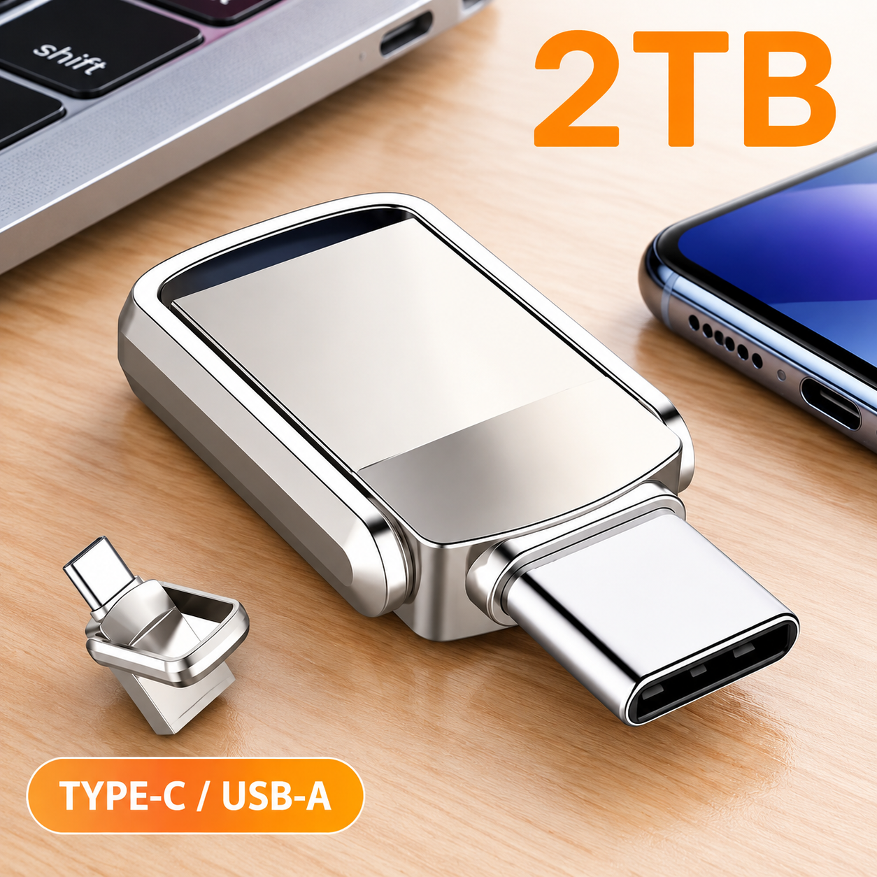 USB-накопитель Type-C 2ТБ, OTG (Цвет товара: серебристый)