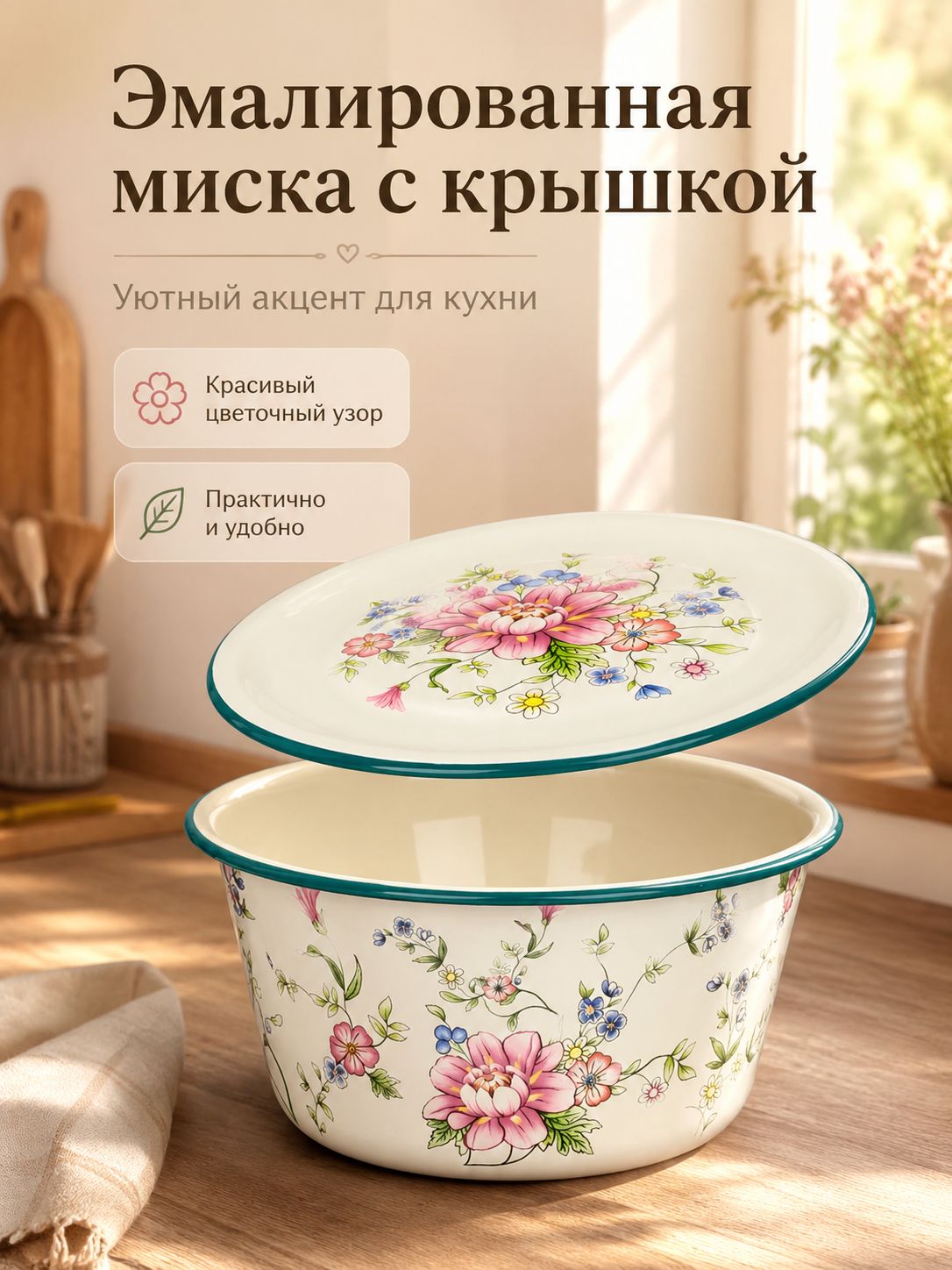 Кухонная эмалированная чаша с крышкой, красивый цветочный принт, прочная 4.6 л