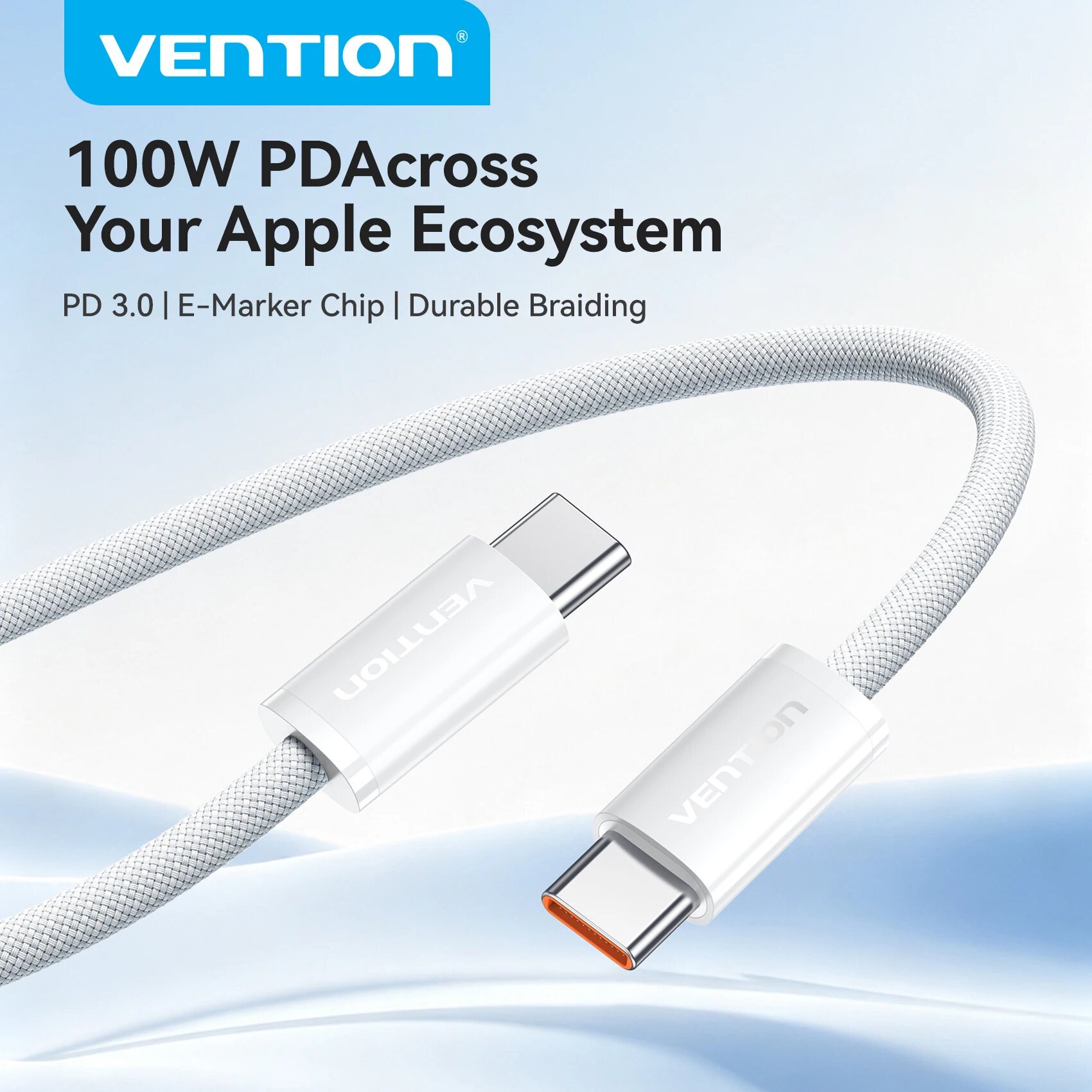Кабель Vention 100W USB-C на USB Type-C для iPhone 17, 16, 15 Pro, iPad, Samsung S25, Xiaomi 17 2 м