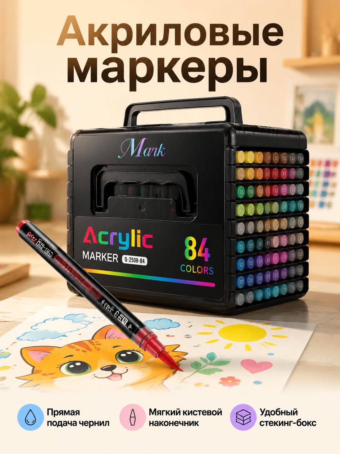 Набор акриловых маркеров, 84 цвета, мягкий наконечник-кисть, система непрерывной подачи чернил, прозрачный резервуар,