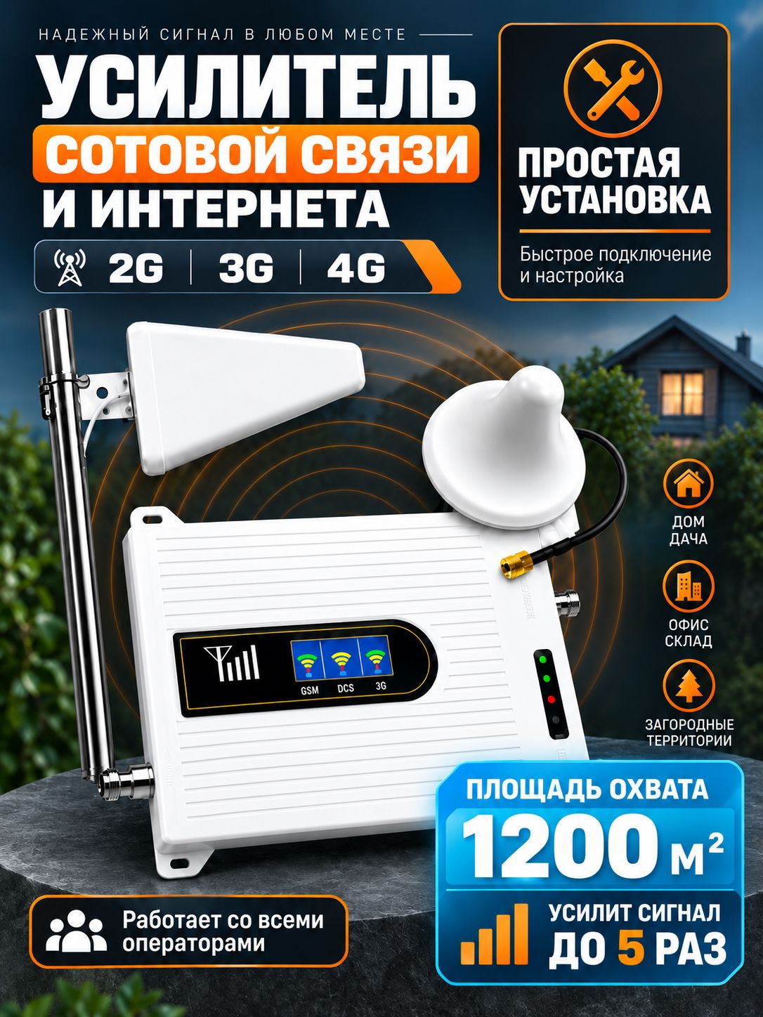 Усилитель сотовой связи и интернета, усилитель 4G LTE 3G 2G, репитер сигнала мобильной связи 900/1800/2100 МГц