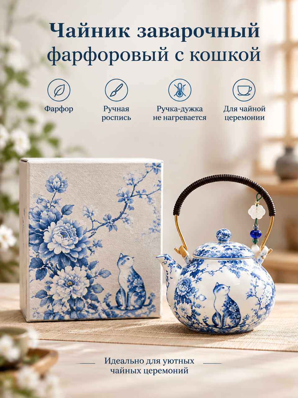 Чайник заварочный фарфоровый грушевидный с кошкой, сине-белая роспись, ручка-дужка, в подарочной коробке