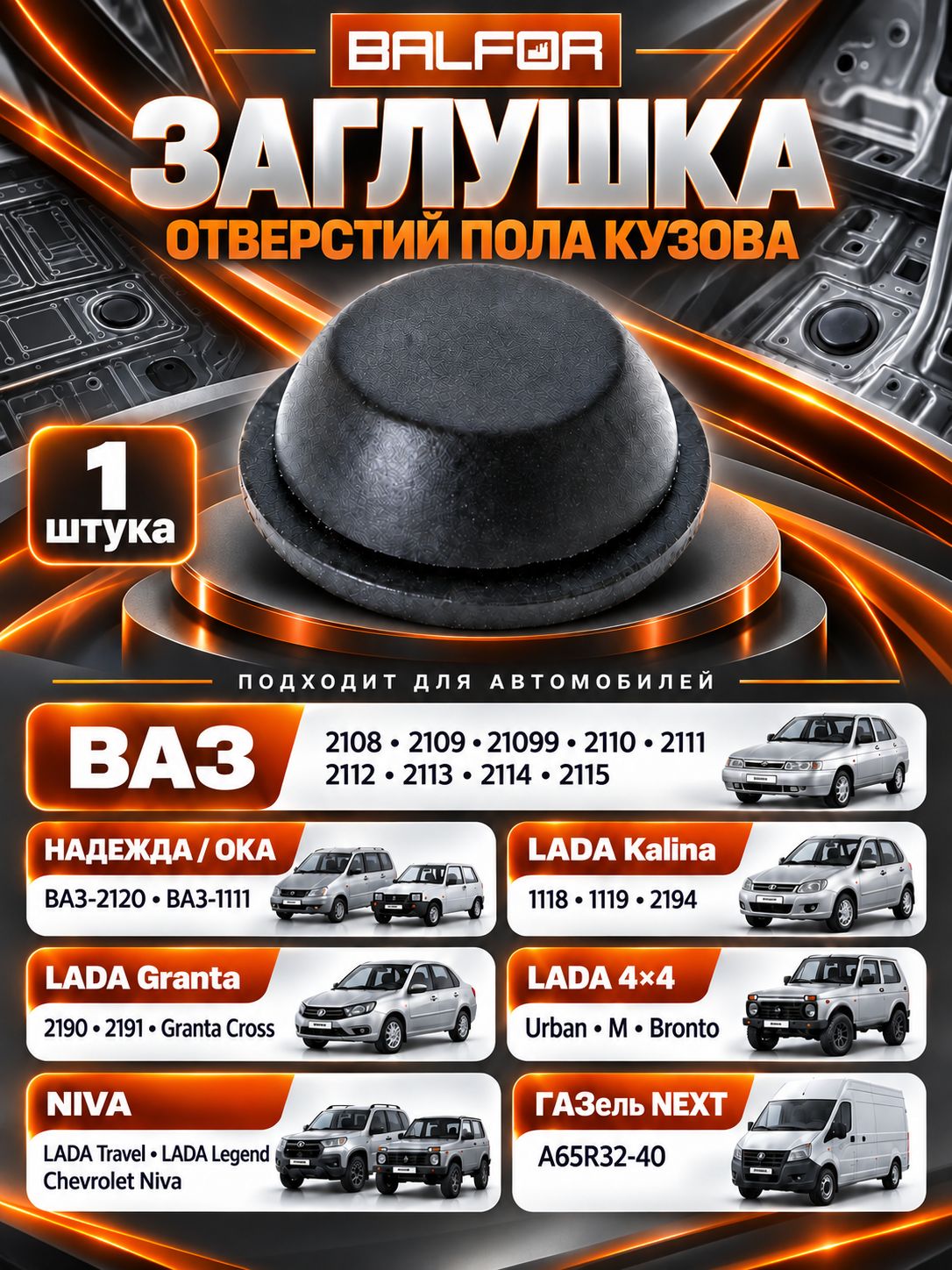 Заглушка отверстий пола кузова (днища) средняя для а/м ВАЗ 2108-21099, 2113-2115, Гранта / балфор