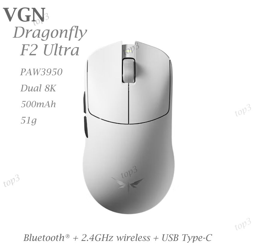 Игровая мышь беспроводная VGN Dragonfly F2 Ultra Dual 8K беспроводная игровая мышь, PAW3950,500 мА, Белая, белый