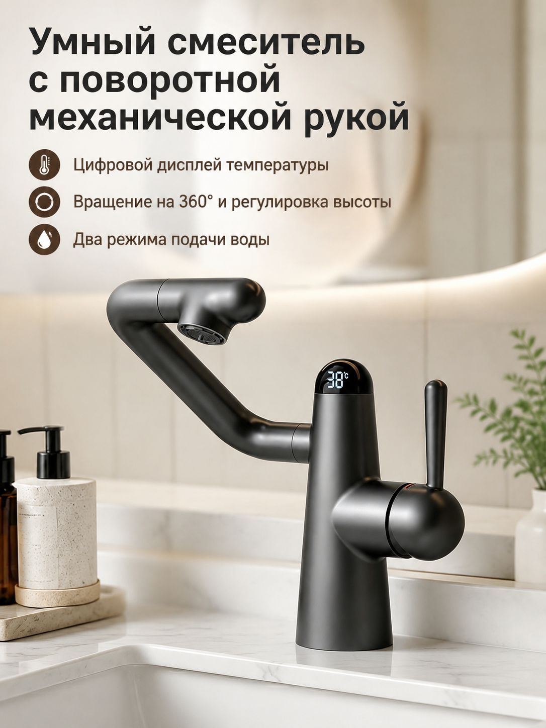 Смеситель для раковины с цифровым дисплеем и поворотным изливом, цвет серый