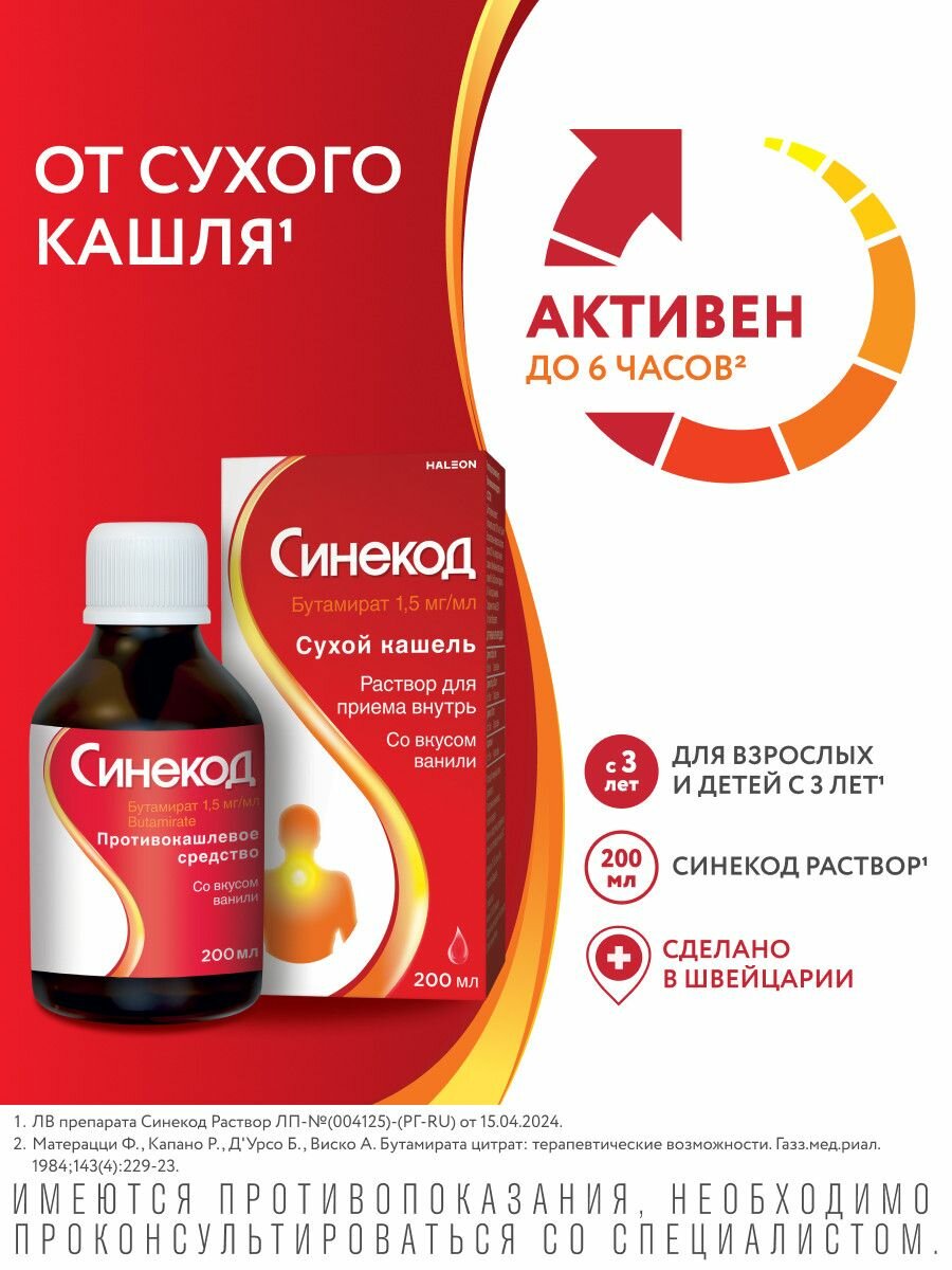 Синекод Сироп, сироп (ваниль) 1.5 мг/мл, 200 мл