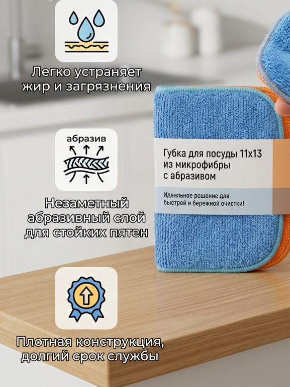« Губка для мытья посуды с абразивом » из микрофибры. Размер 11х12см. 3 шт