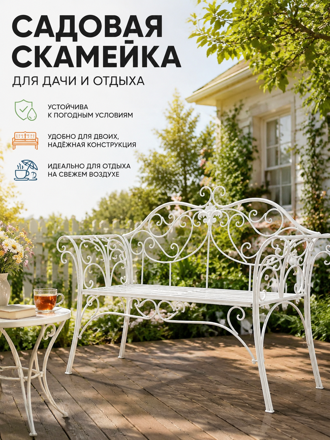 Садовая скамейка на двоих, белый металл, 133×51×89 см, для парка и террасы