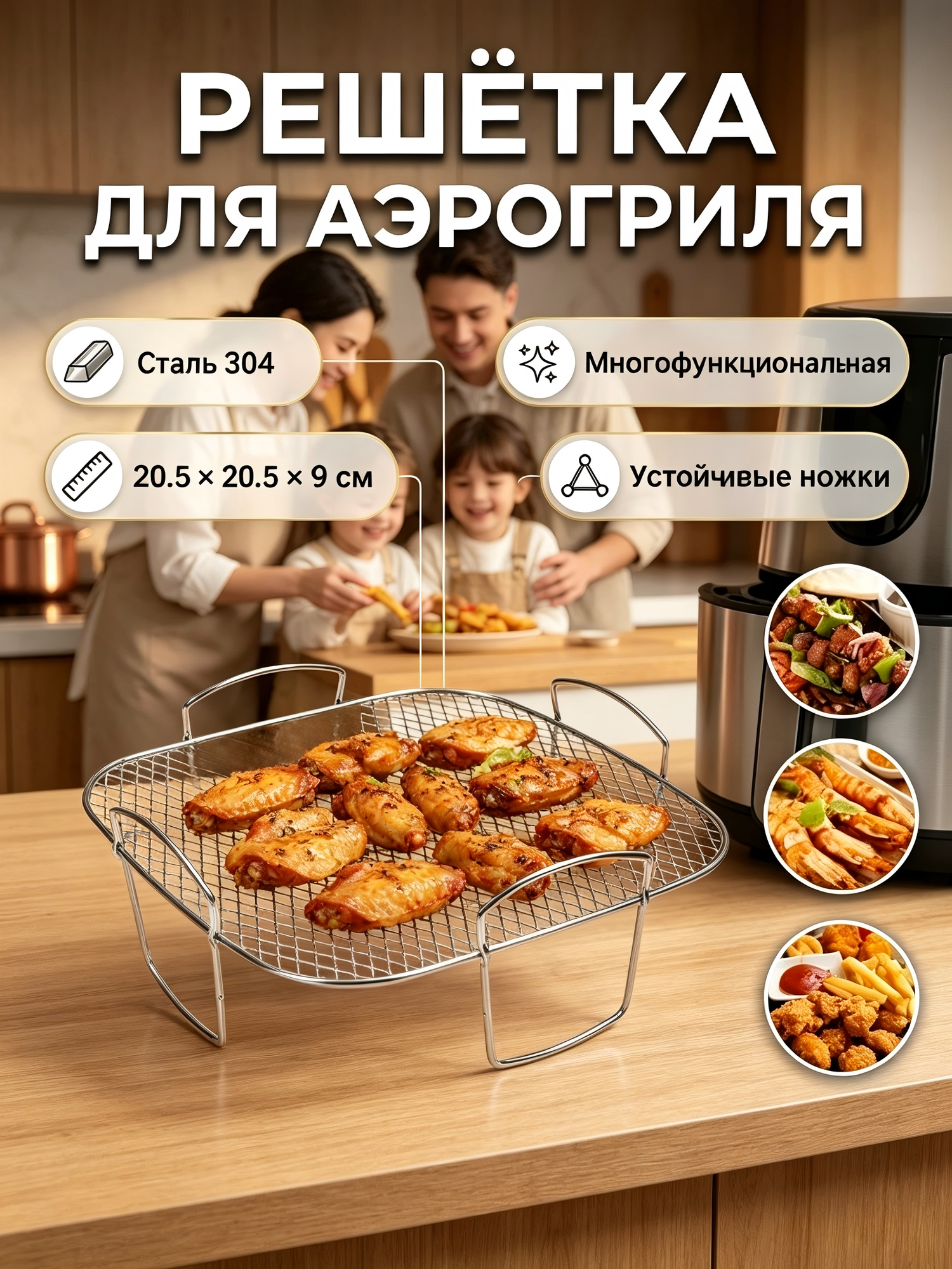 Квадратная решётка аэрогрилей 304 нержавеющая сталь, серебристая, универсальная