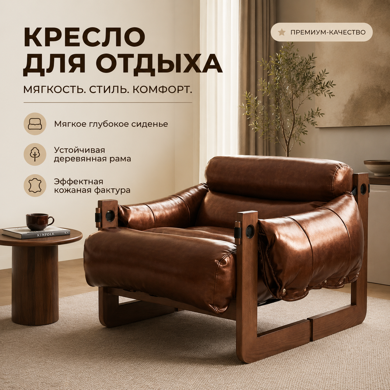 Деревянное кожаное кресло в винтажном стиле, одиночное диван-кресло для гостиной, 70х90х70 см, темно-коричневый