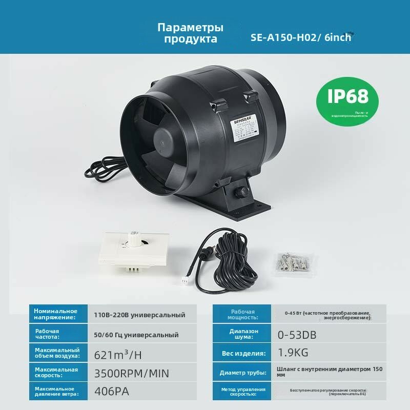 Универсальный канальный вентилятор 110-220В IP68, плавная регулировка 4-10 дюймов для кухонь и теплиц