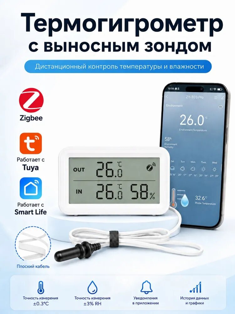 Умный Zigbee датчик температуры и влажности, термометр-гигрометр с LCD-дисплеем и выносным зондом для аквариума и холодильника