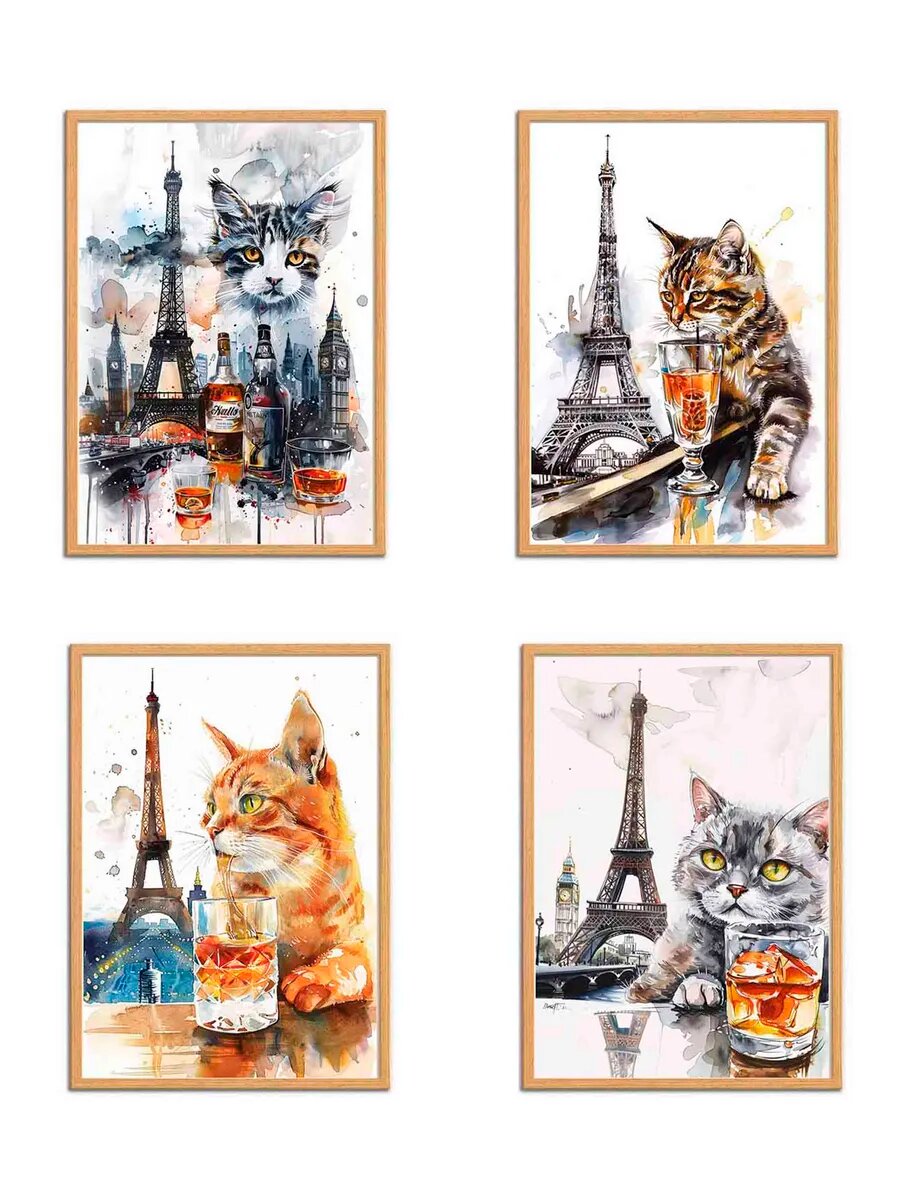 Кот Бурмилла Пьет Виски, 4 Плаката, 30x21см