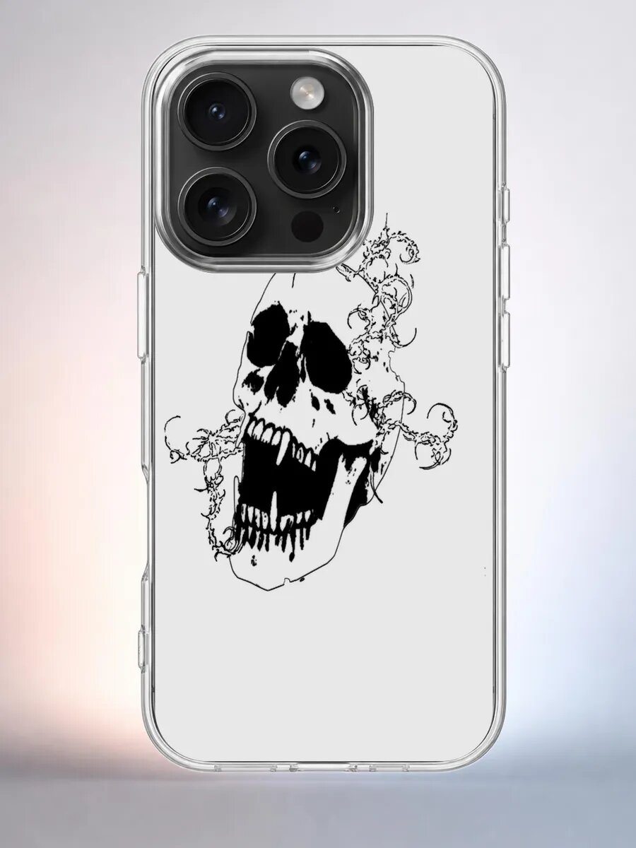 Чехол iPhone 15 Pro череп с шипами силиконовый прозрачный