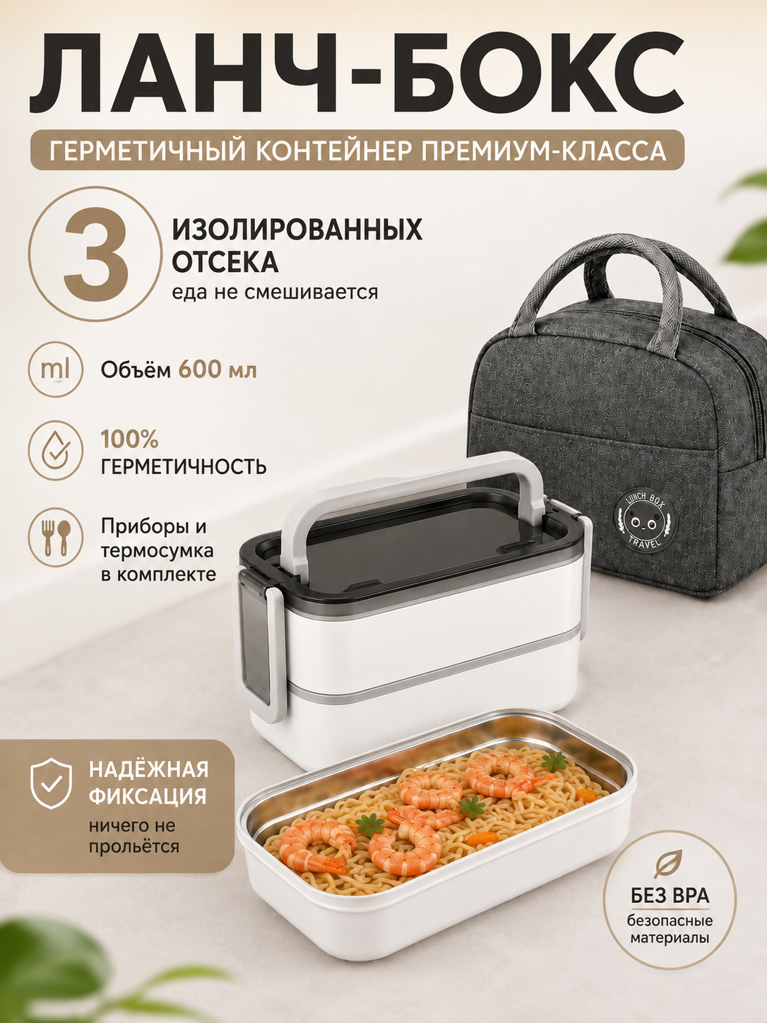 Ланч бокс для еды с отделениями, 600 мл, ланчбокс с сумкой, нержавеющая сталь