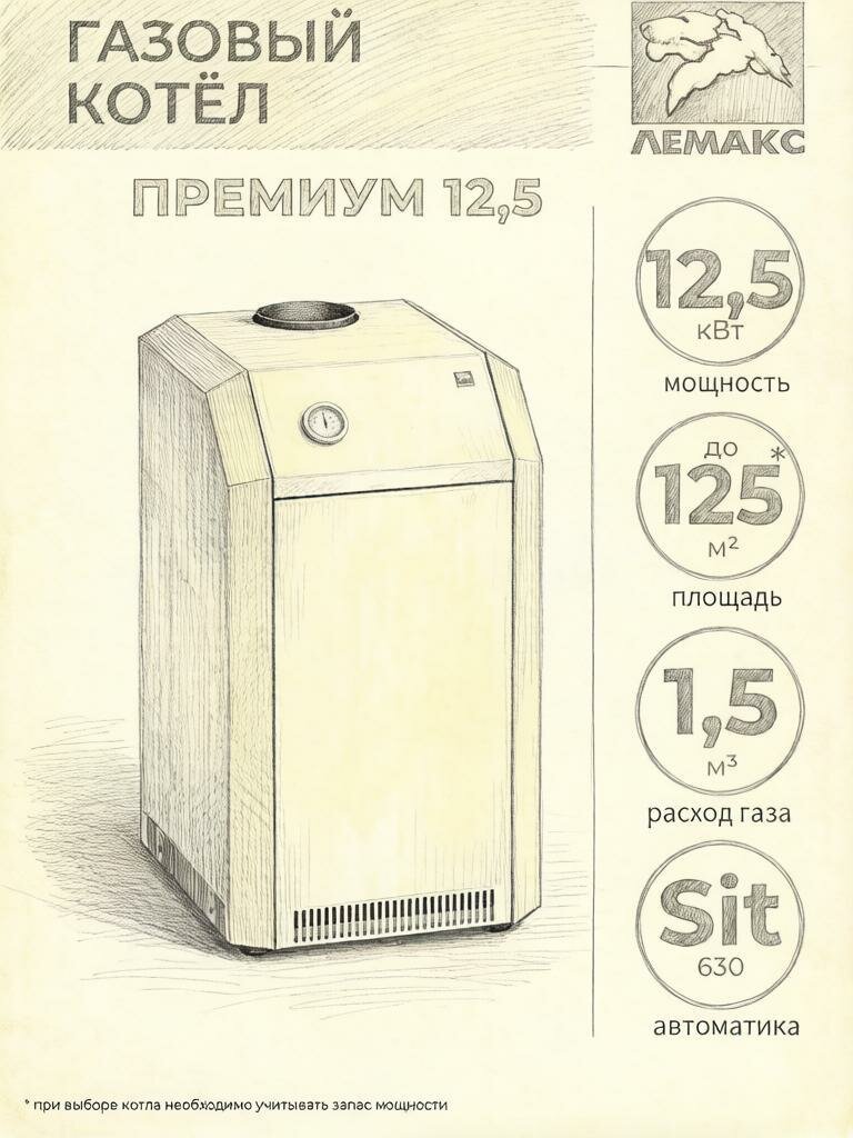 Газовый напольный котел Лемакс ПРЕМИУМ-12,5 со стальным теплообменником