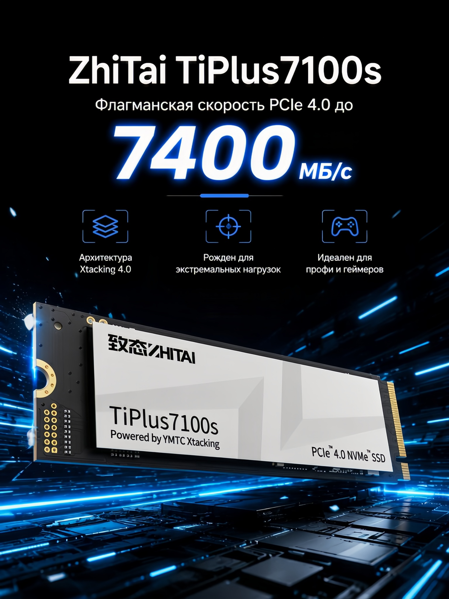 SSD ZHITAI TiPlus7100s 2 ТБ PCIe4.0, 7400/6900 МБ/с, чипы Xtacking 4.0 для ноутбуков и PS5