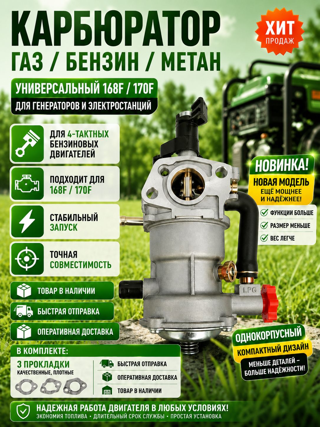 Новинка Похожие Карбюратор газ-бензин для генератора, электростанций. 3 кВт ( двигатель 6.5-7 лс 168F/170F)