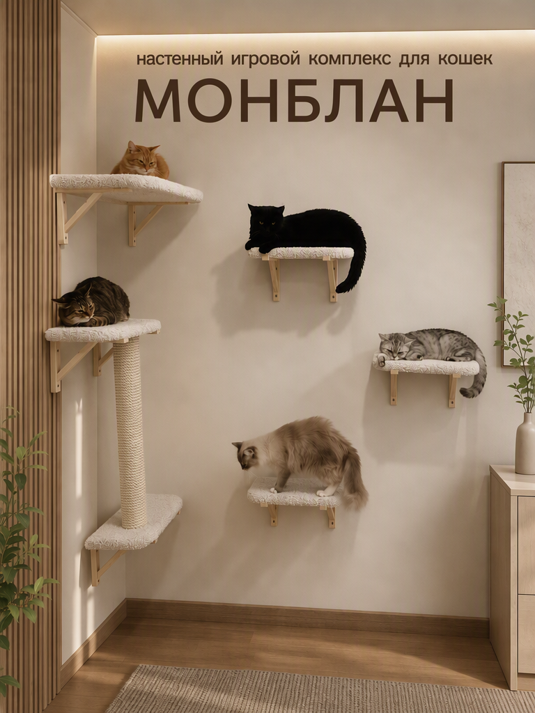 Настенный игровой комплекс для кошек Моя Котя "Монблан", цвет белый с хлопковым канатом