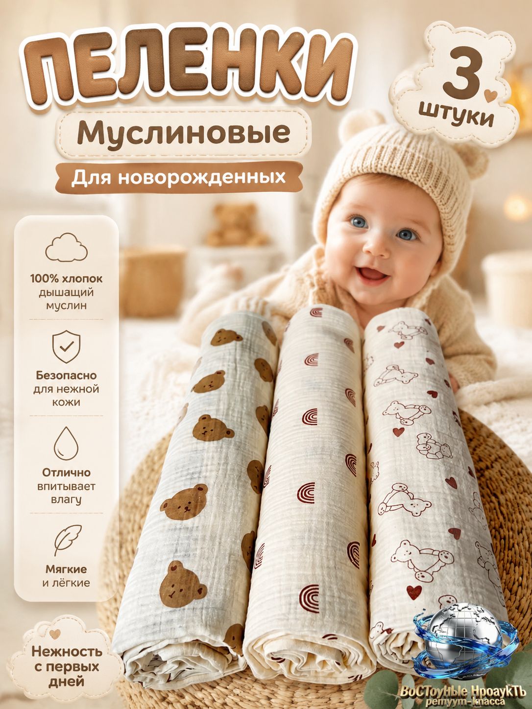 Пеленка для малышей 78 x 78 см, Хлопок, 3 шт