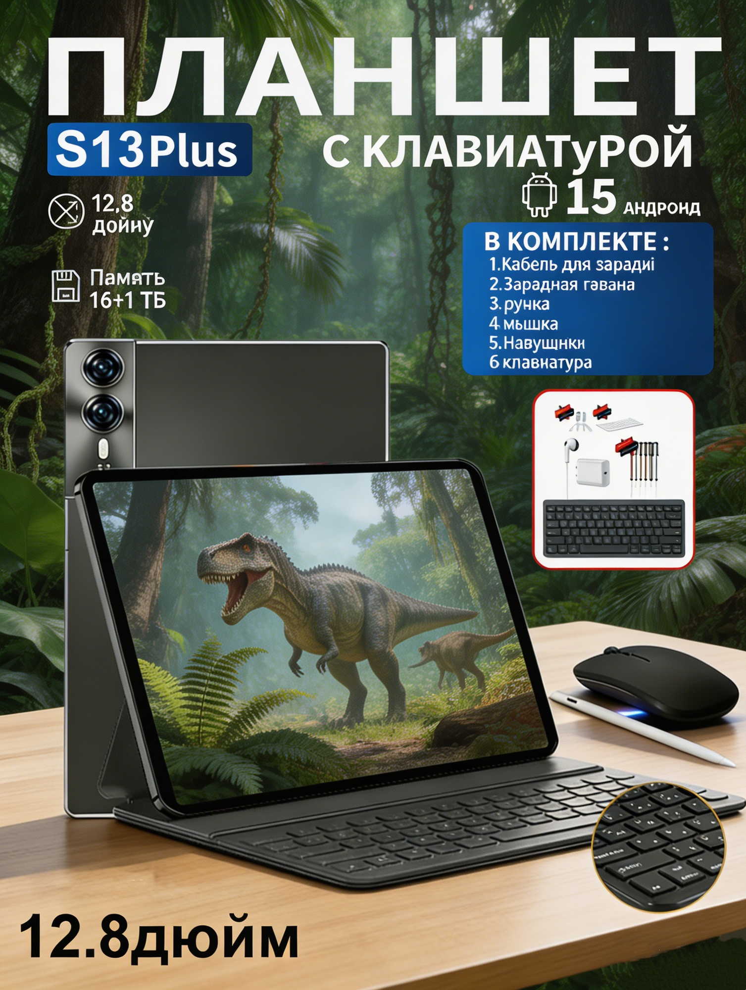 Игровой планшет на Android 10000 мАч LTE с клавиатурой и мышкой POC0 S13 16ГБ+1024ГБ 12,8 дюймов