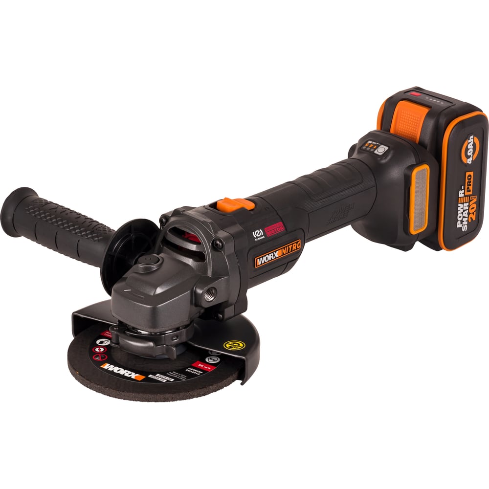 Угловая шлифмашина бесщёточная аккумуляторная WORX 125мм, 20В, 4Ач х1, ЗУ 2А WX814