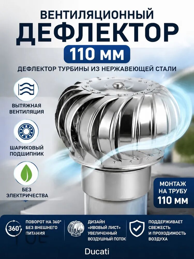 Турбодефлектор 110 мм, для вентиляционной трубы, нержавеющая сталь, усилитель тяги