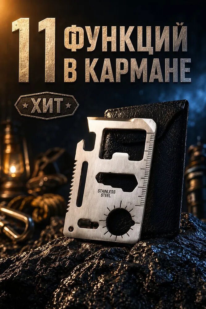 Мультитул-карта выживания в чехле, 11 функций, складной, из нержавеющей стали