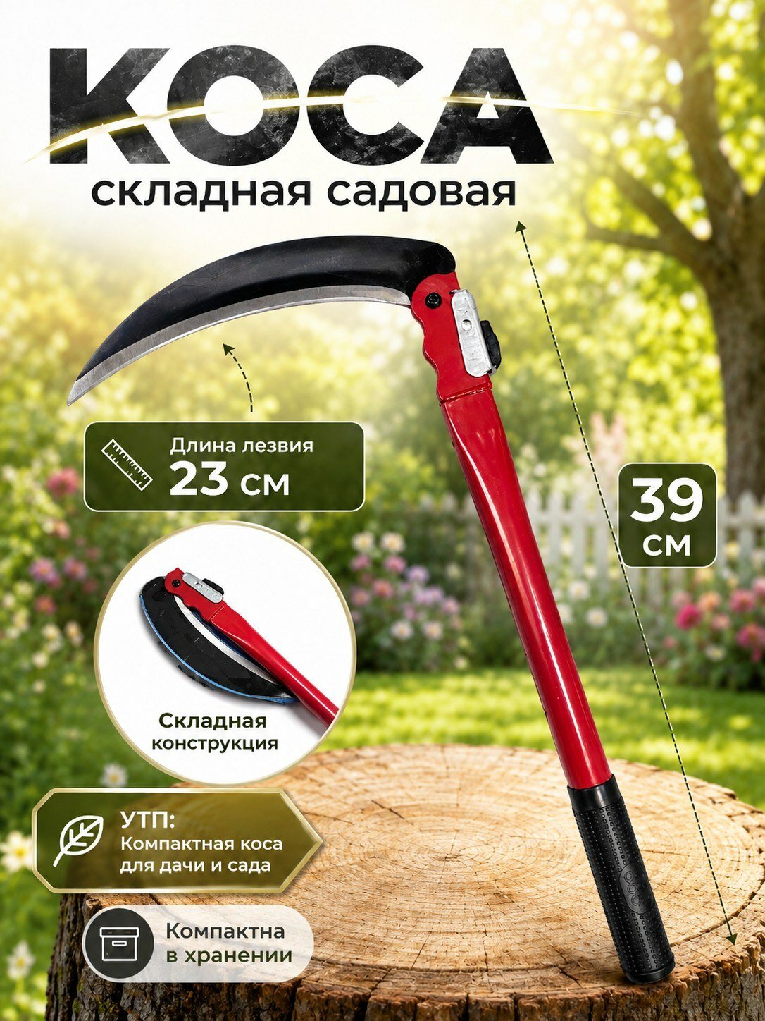 Серп садовый складной, коса ручная 380 мм металлический