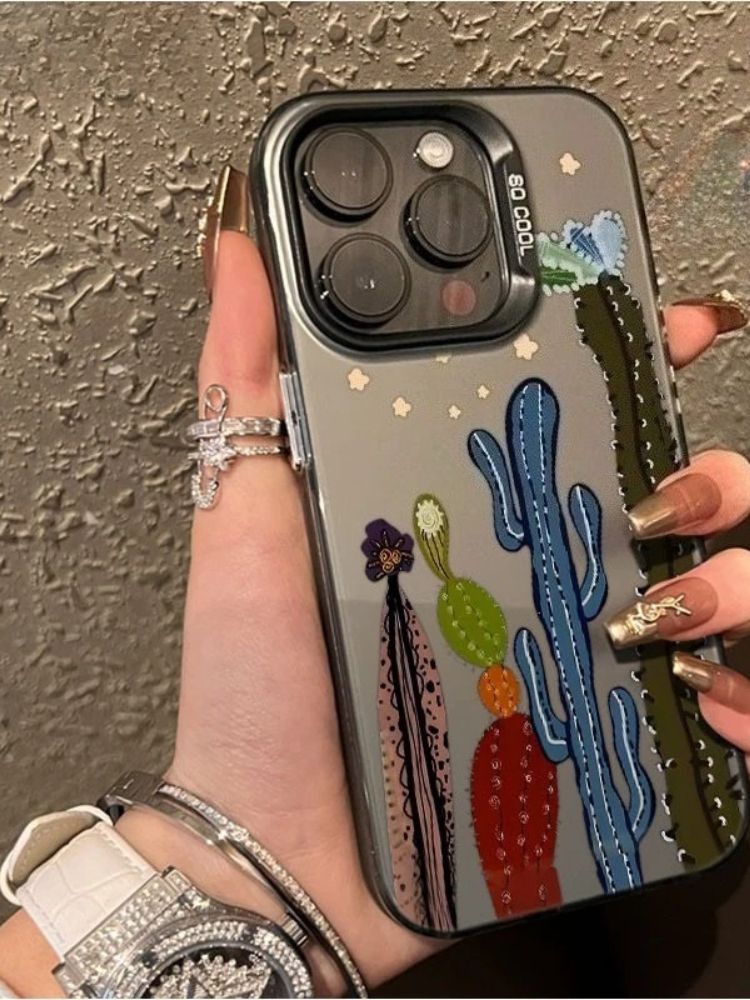 Чехол на Айфон 15 / iPhone 15 / Айфон 15 Черный с Многоцветные кактусы