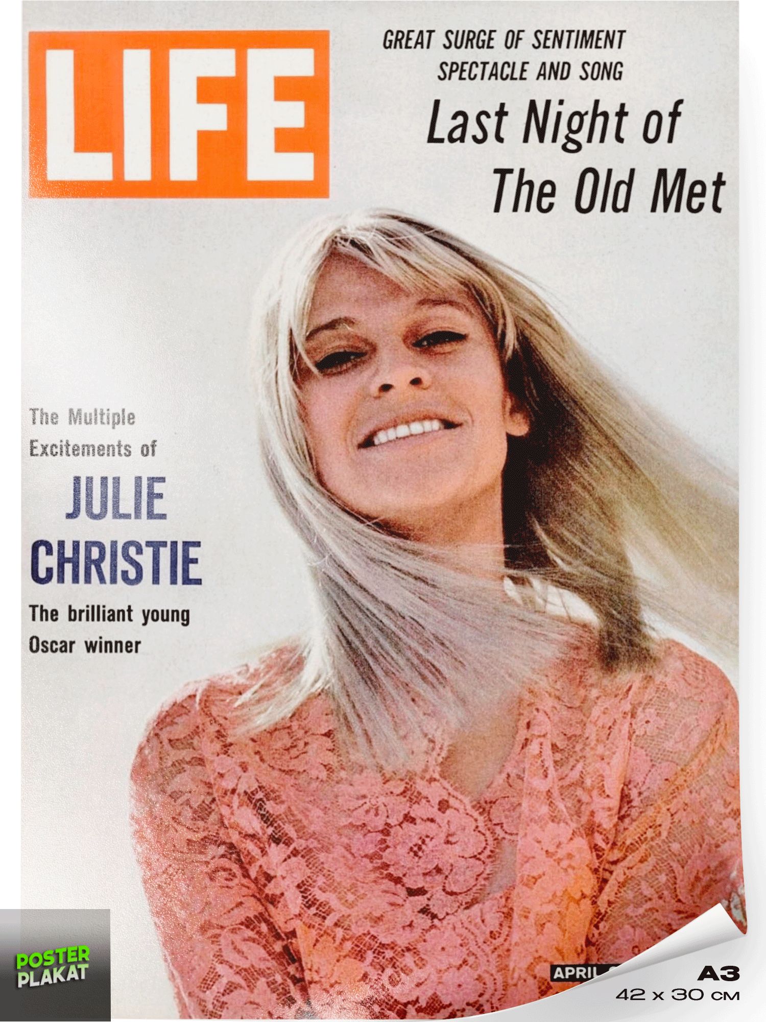 Постер LIFE, Джули Кристи (Julie Christie), винтажный плакат на стену для интерьера, для дома и офиса, А3 (420х297 мм), ПП