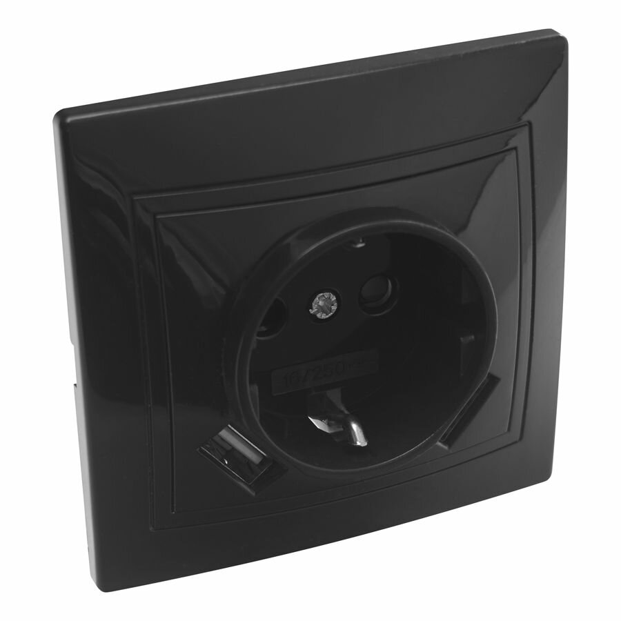 Розетка 2П+З с защ. шт. 16А 250В + USB порт Tape-A 2,1А 5В IP20, черная "Дельта"