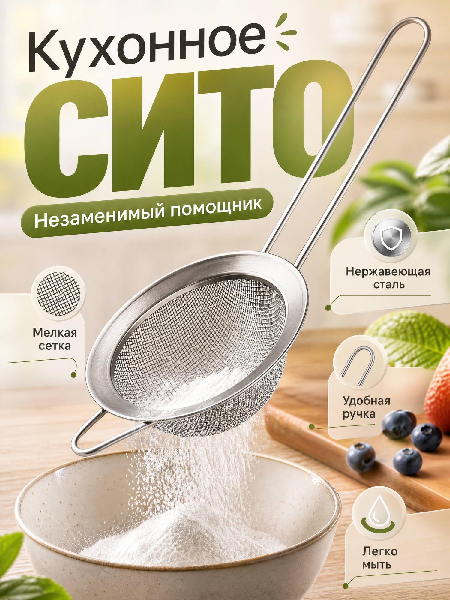 Сито кухонное из нержавеющей стали, диаметр 7 см, длина 19,5 см./Ситечко для заварки, просеивания и процеживания