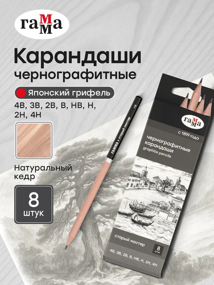 Карандаши простые для рисования и черчения, Гамма Старый Мастер, художественные набор для школы 8 шт