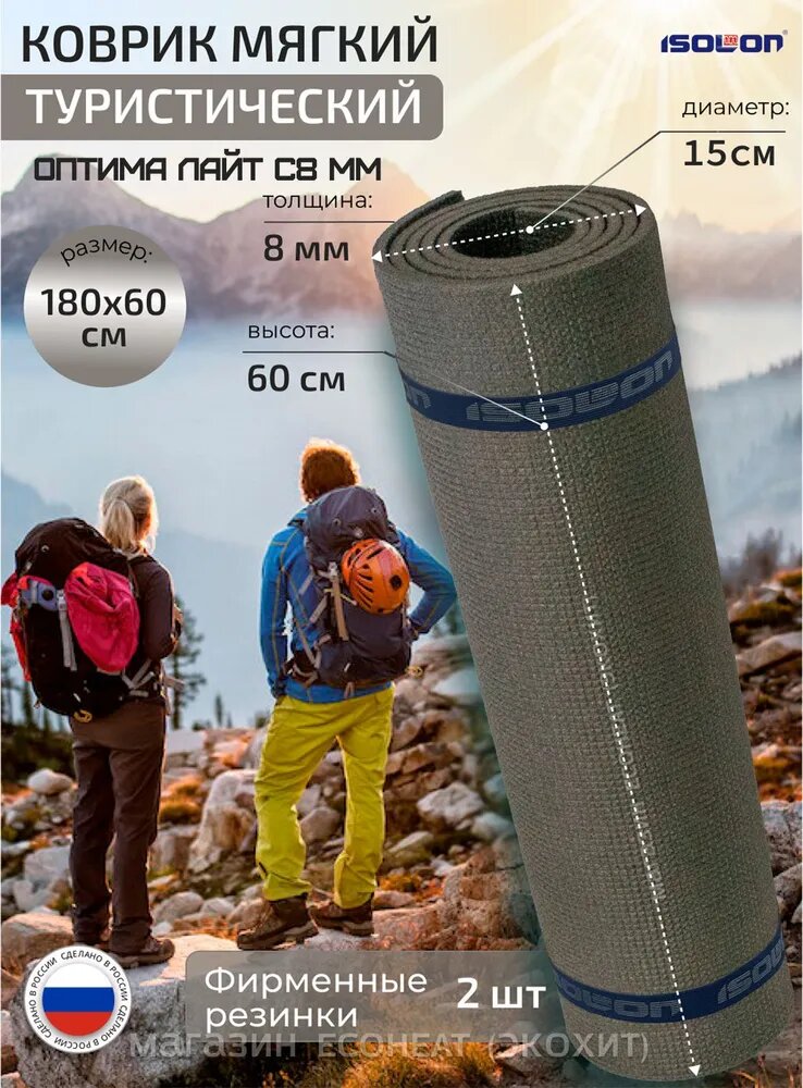 Коврик туристический оптима / ISOLON / 180х60 см. Походный, армейский каремат для охоты и рыбалки, не промокает, 2 резинки в подарок
